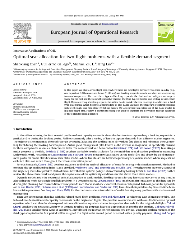 (PDF) Optimal seat allocation for two-flight problems with a flexible ...