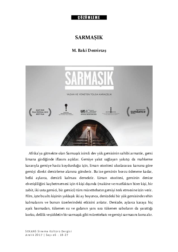 (PDF) Çözümleme: Sarmasik, SEKANS Sinema Kültürü Dergisi, Aralık 2017 ...