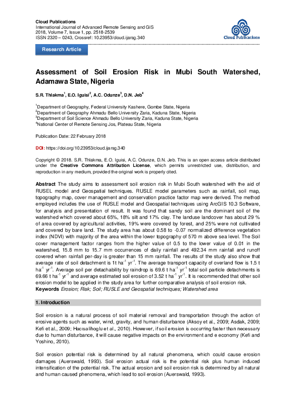(PDF) Assessment of Soil Erosion Risk in Mubi South Watershed, Adamawa ...