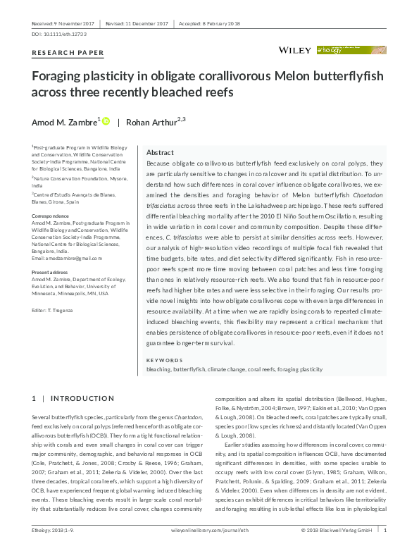 (PDF) Foraging plasticity in obligate corallivorous Melon butterflyfish ...