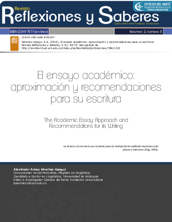 (PDF) El ensayo académico: aproximación y recomendaciones para su escritura