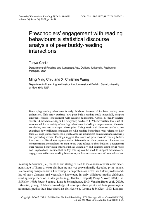 (PDF) Preschoolers’ engagement with reading behaviours: a statistical discourse analysis of peer ...