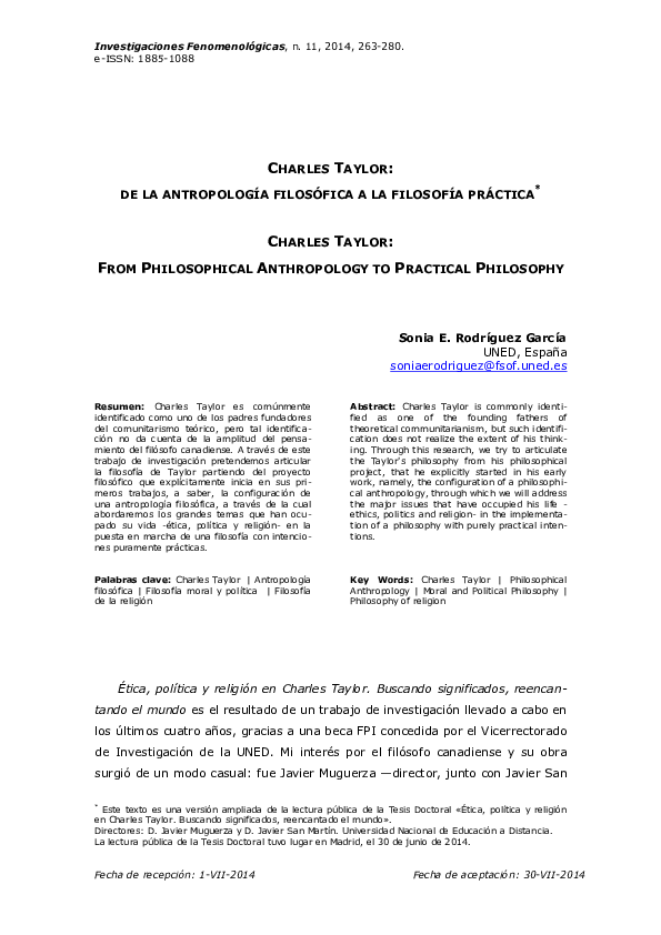 (PDF) Charles Taylor: de la antropología filosófica a la filosofía antropológica