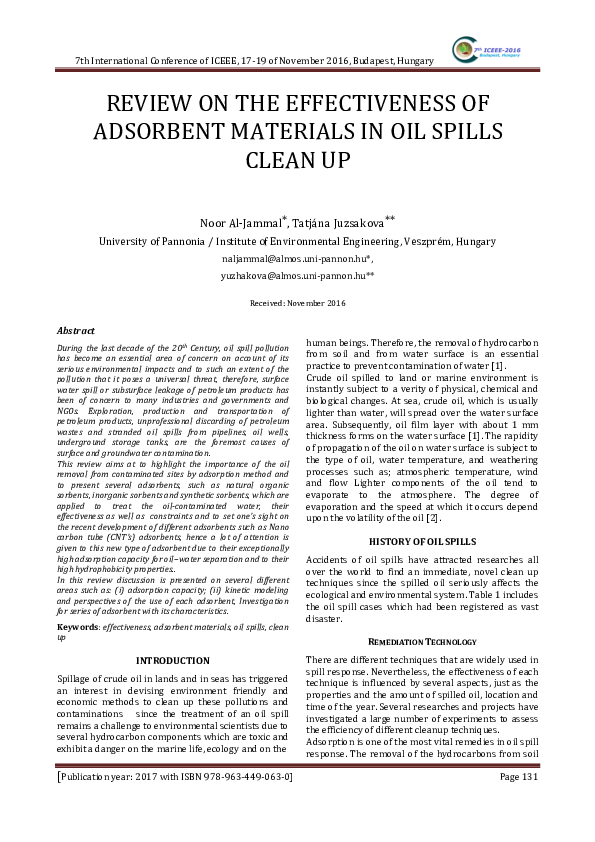 (PDF) REVIEW ON THE EFFECTIVENESS OF ADSORBENT MATERIALS IN OIL SPILLS ...