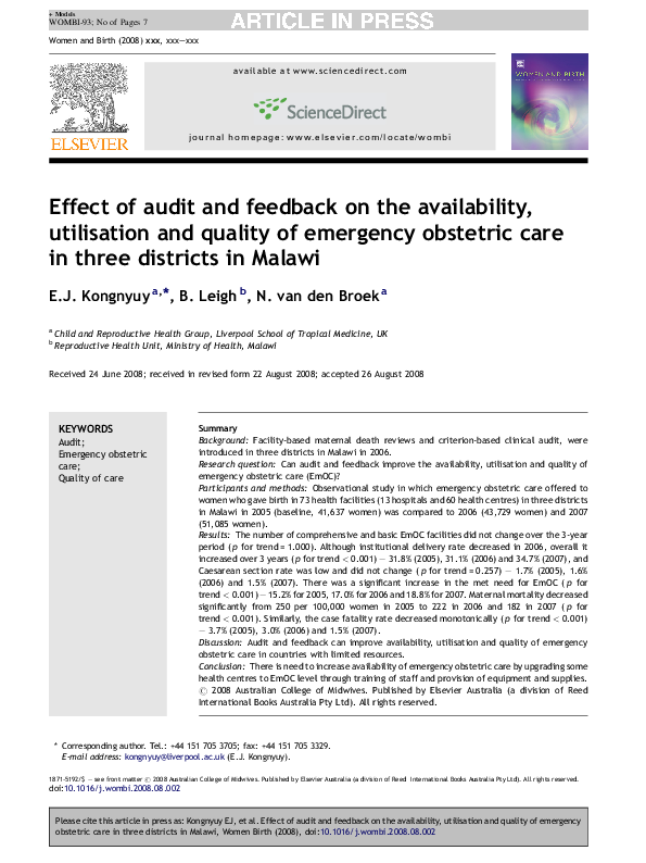 (PDF) Effect of audit and feedback on the availability, utilisation and ...