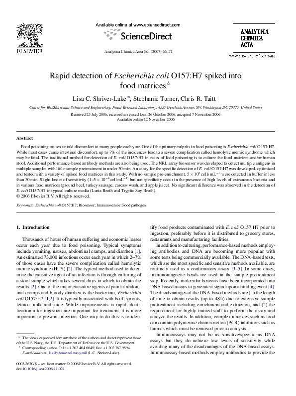 (PDF) Rapid detection of Escherichia coli O157:H7 spiked into food matrices