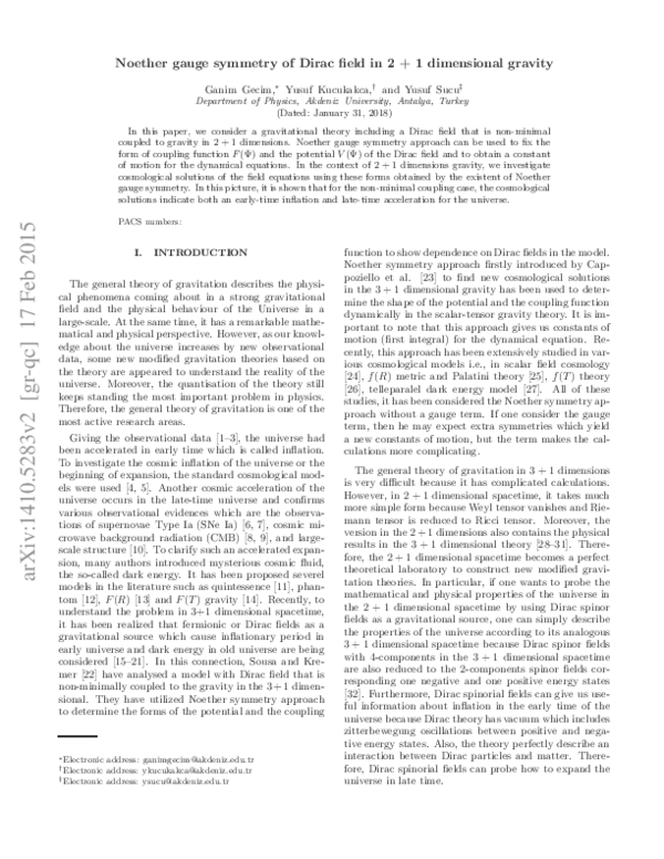 Pdf Noether Gauge Symmetry Of Dirac Field In 2 1 Dimensional Gravity