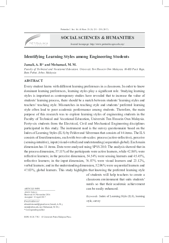 (PDF) Identifying Learning Styles among Engineering Students