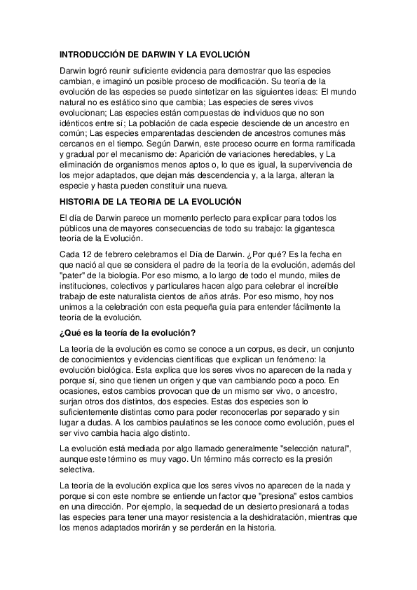 (PDF) INTRODUCCIÓN DE DARWIN Y LA EVOLUCIÓN