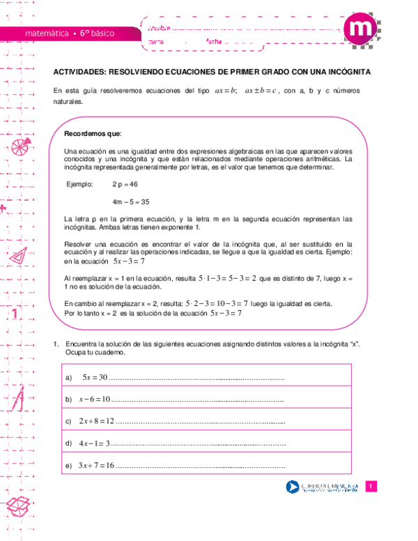 (PDF) ACTIVIDADES: RESOLVIENDO ECUACIONES DE PRIMER GRADO CON UNA INCÓGNITA