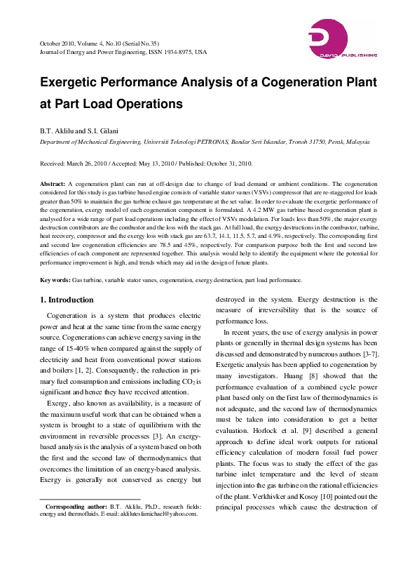 (PDF) Exergetic Performance Analysis of a Cogeneration Plant at Part ...