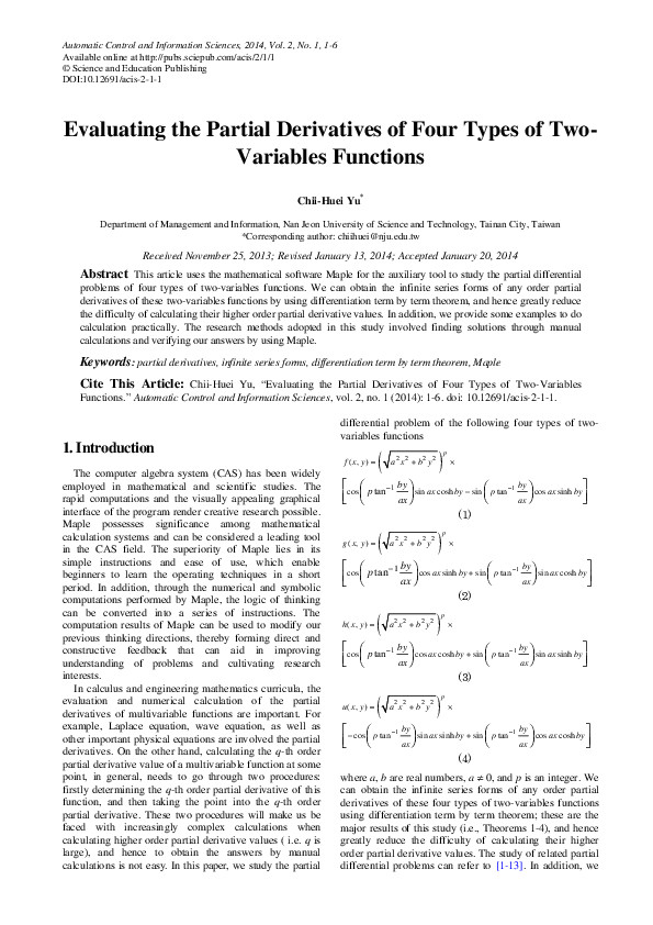 Pdf Evaluating The Partial Derivatives Of Four Types Of Two Variables Functions
