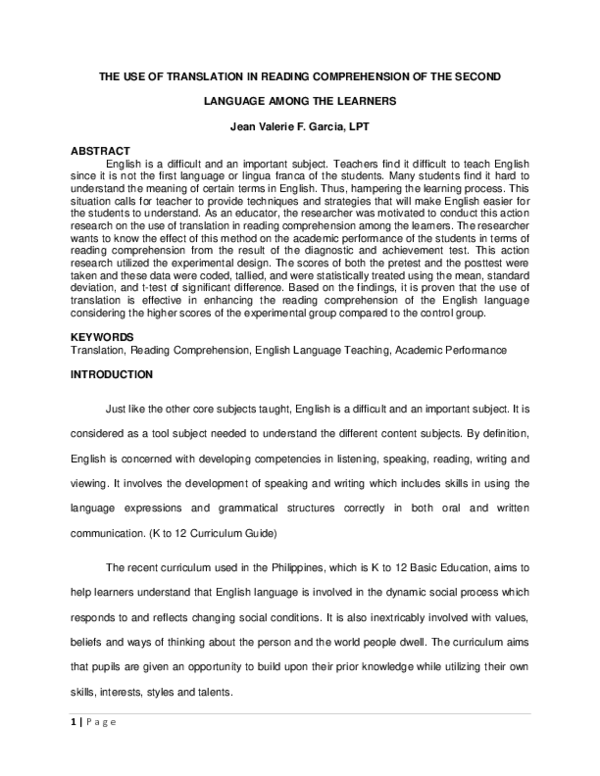 (PDF) THE USE OF TRANSLATION IN READING COMPREHENSION OF THE SECOND ...