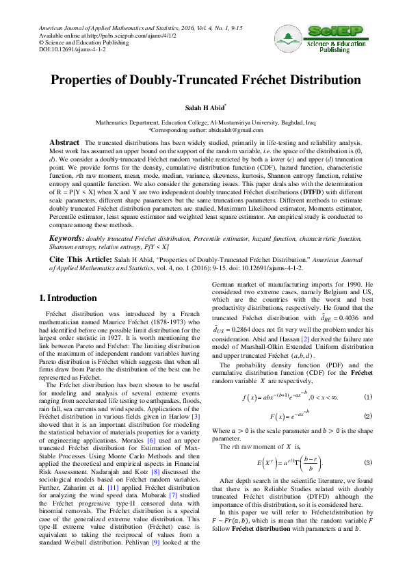 (PDF) Properties of Doubly-Truncated Fréchet Distribution