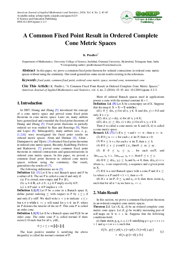 Pdf A Common Fixed Point Result In Ordered Complete Cone Metric Spaces 0478