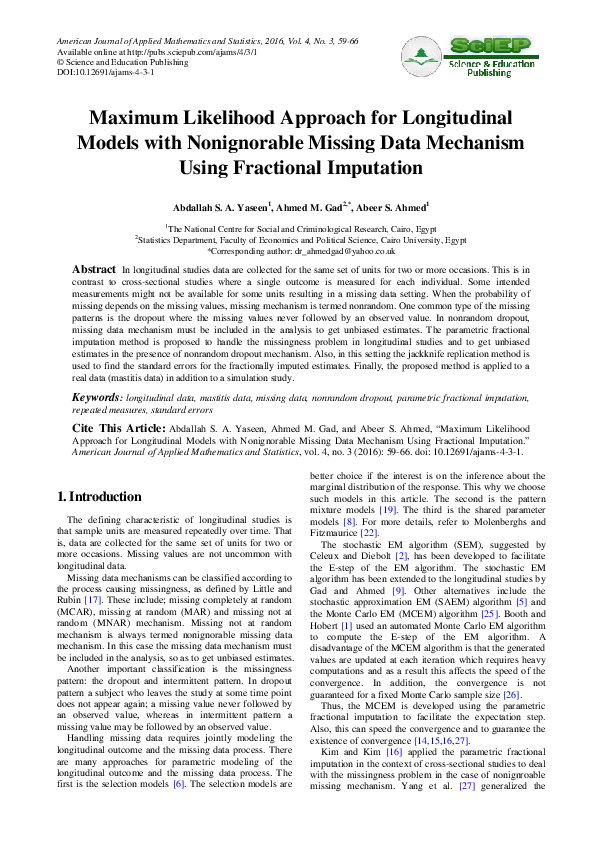 Pdf Maximum Likelihood Approach For Longitudinal Models With Nonignorable Missing Data