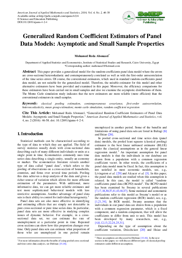 Pdf Generalized Random Coefficient Estimators Of Panel Data Models