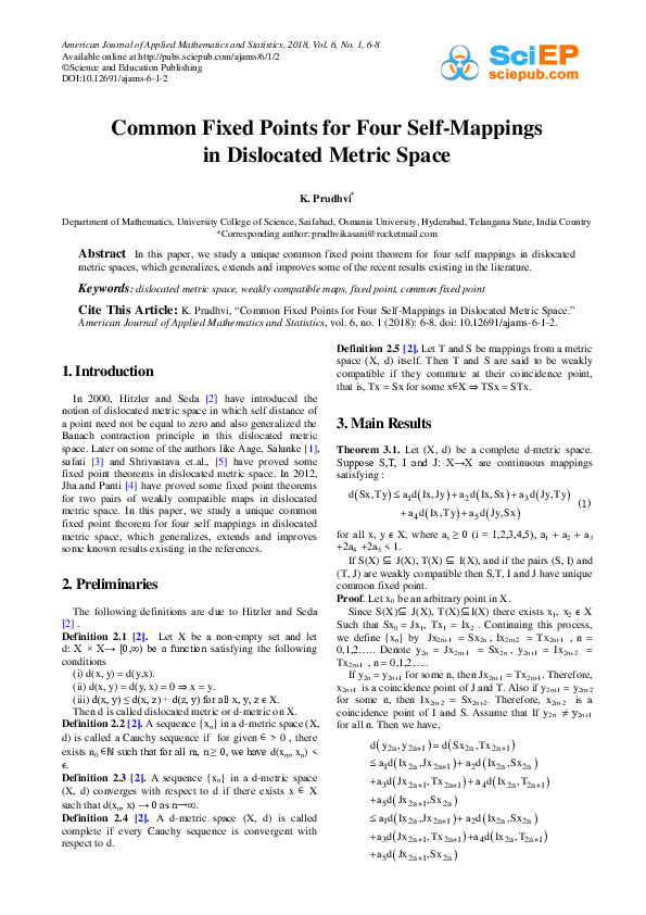 (PDF) Common Fixed Points for Four Self-Mappings in Dislocated Metric Space