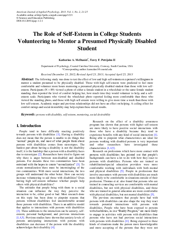 (PDF) The Role of Self-Esteem in College Students Volunteering to Mentor a Presumed Physically ...