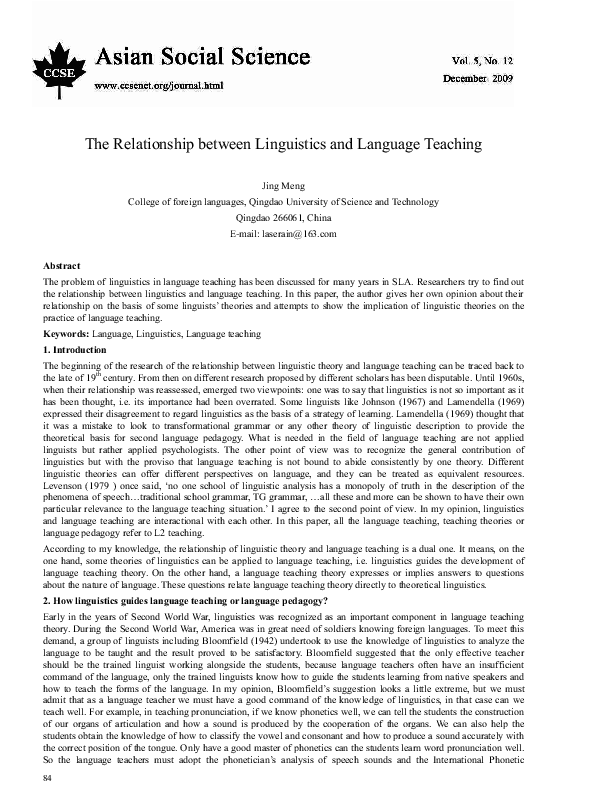 (PDF) Asian Social Science The Relationship between Linguistics and ...