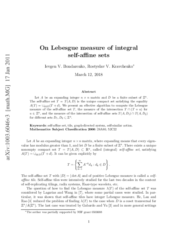 (PDF) On Lebesgue Measure of Integral Self-Affine Sets