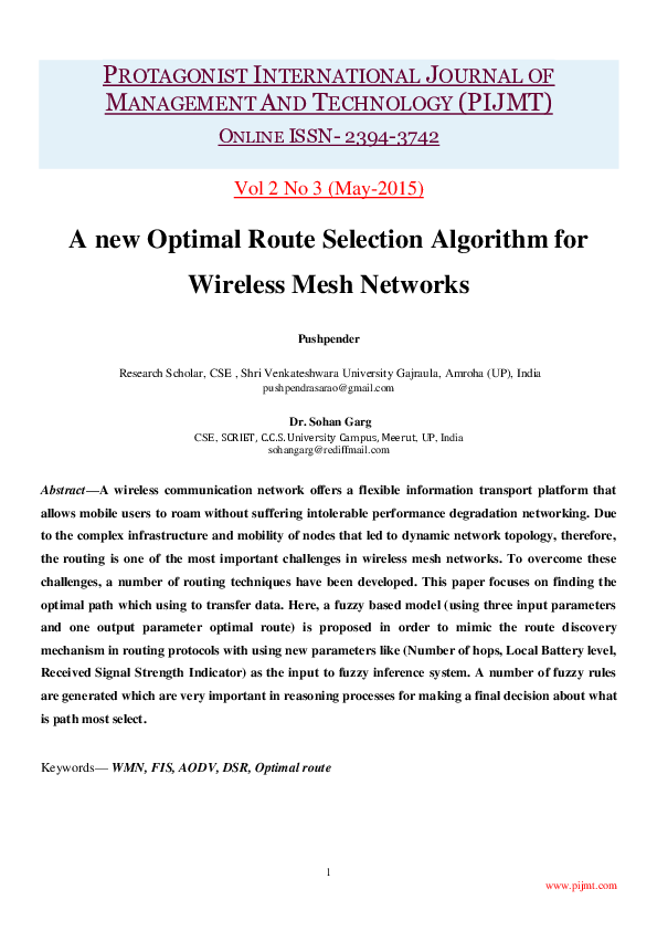 (PDF) PROTAGONIST INTERNATIONAL JOURNAL OF MANAGEMENT AND TECHNOLOGY (PIJMT) A new Optimal Route ...