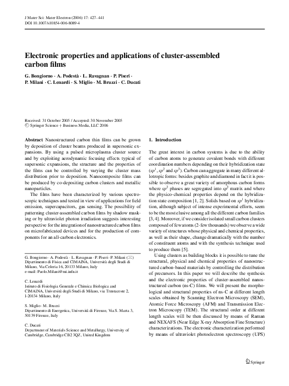 Pdf Electronic Properties And Applications Of Cluster Assembled Carbon Films