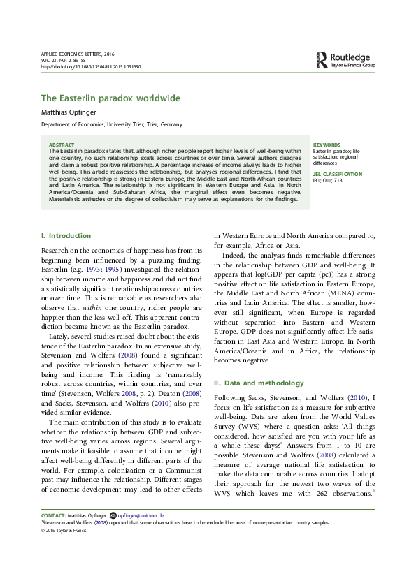 (PDF) The Easterlin paradox worldwide