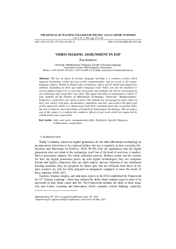 (PDF) VIDEO-MAKING ASSIGNMENT IN ESP