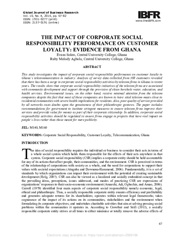 (PDF) THE IMPACT OF CORPORATE SOCIAL RESPONSIBILITY PERFORMANCE ON CUSTOMER LOYALTY: EVIDENCE ...