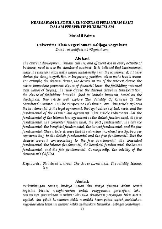 (PDF) Mu'adil Faizin KEABSAHAN KLAUSULA EKSONERASI PERJANJIAN BAKU ...