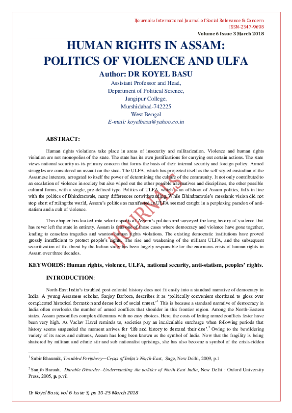 (PDF) HUMAN RIGHTS IN ASSAM: POLITICS OF VIOLENCE AND ULFA