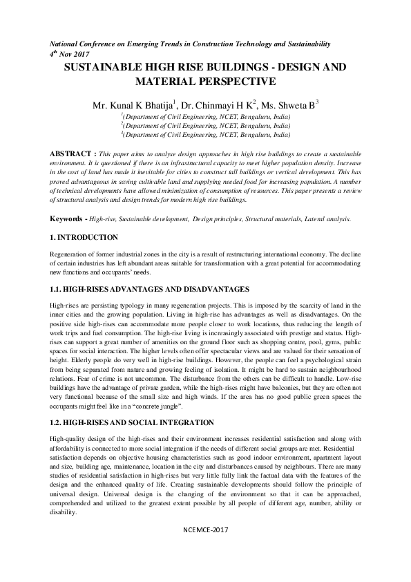 (PDF) SUSTAINABLE HIGH RISE BUILDINGS -DESIGN AND MATERIAL PERSPECTIVE