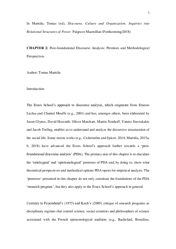 (PDF) Marttila (2018) Post-foundational Discourse Analysis_Chapter 2.pdf