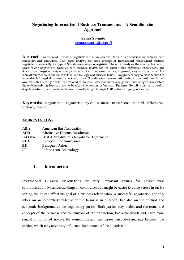 (PDF) Negotiating International Business Transactions – A Scandinavian Approach