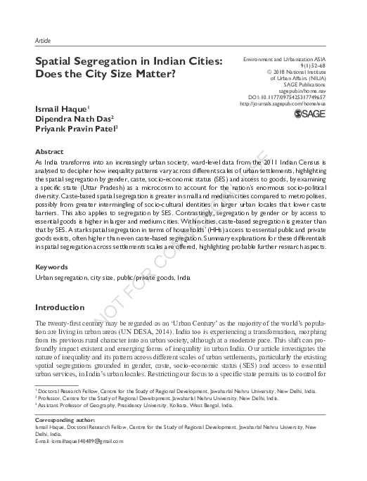 (PDF) Spatial Segregation in Indian Cities: Does the City Size Matter?
