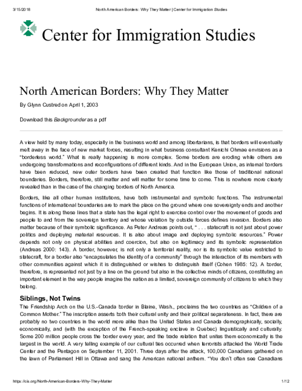 (PDF) Center for Immigration Studies North American Borders: Why They ...