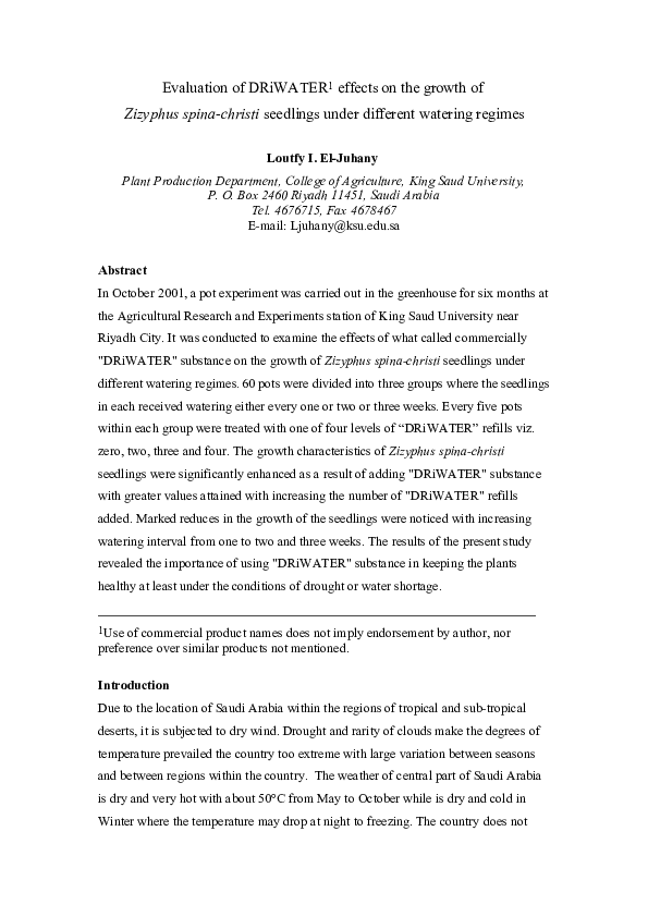 (DOC) Evaluation of DRiWATER effects on the growth of Zizyphus spina ...