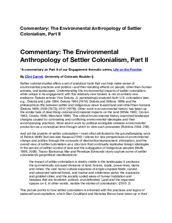 (PDF) Commentary: The Environmental Anthropology of Settler Colonialism ...