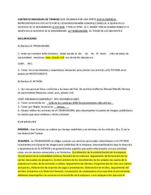 (DOC) Modelo de contrato LABORAL