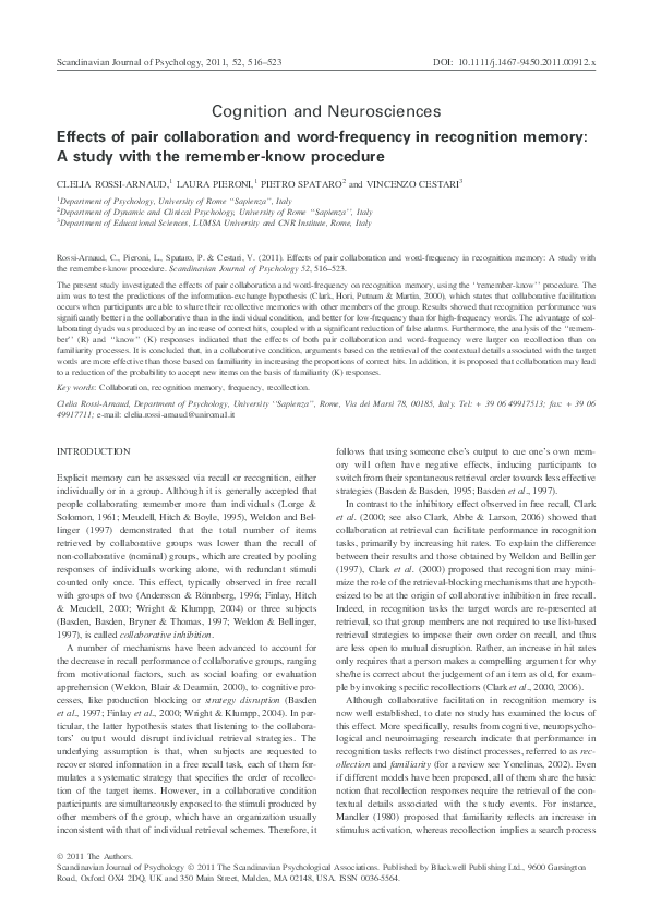 (PDF) Effects of pair collaboration and word-frequency in recognition memory: a study with the ...