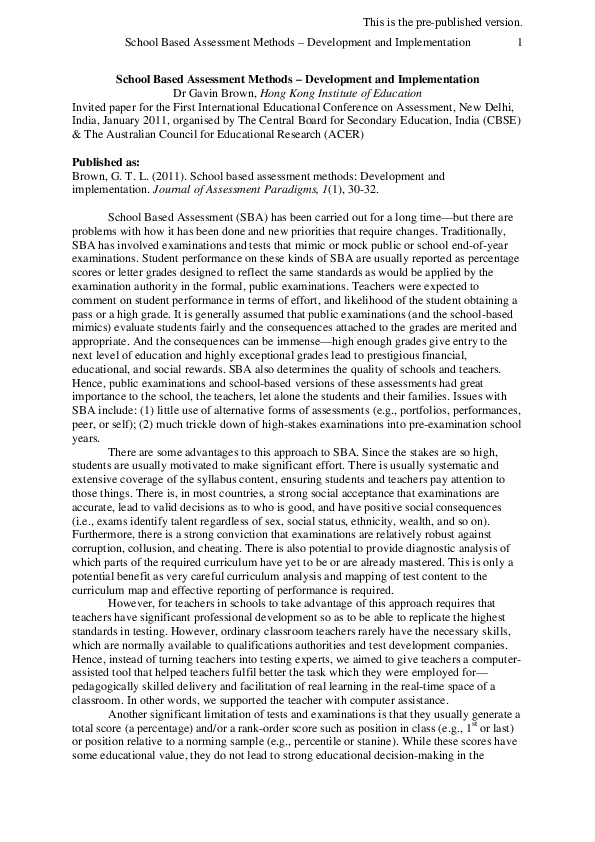 (PDF) School Based Assessment Methods – Development and Implementation