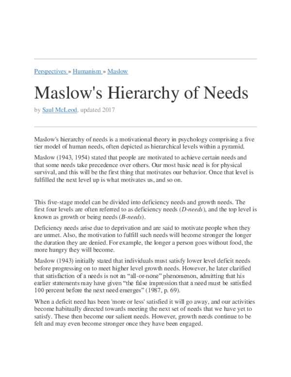 (PDF) Perspectives » Humanism » Maslow Maslow's Hierarchy of Needs