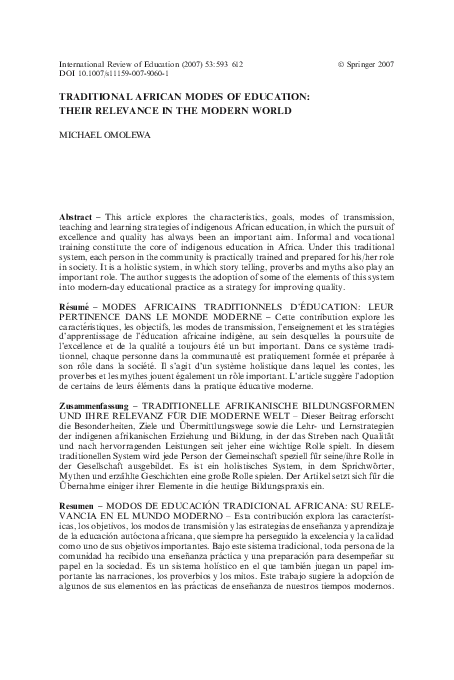 (PDF) TRADITIONAL AFRICAN MODES OF EDUCATION: THEIR RELEVANCE IN THE ...