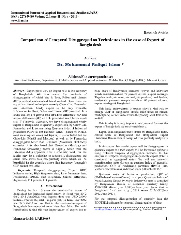 (PDF) Comparison of Temporal Disaggregation Techniques in the case of Export of Bangladesh