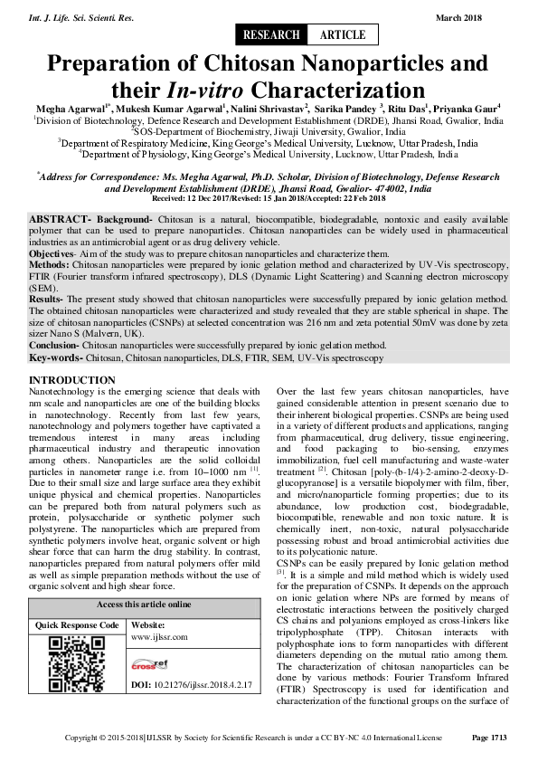 (PDF) Preparation of Chitosan Nanoparticles and their In-vitro Characterization
