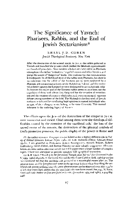 (PDF) Shaye J.D. Cohen, “The Significance of Yavneh: Pharisees, Rabbis ...