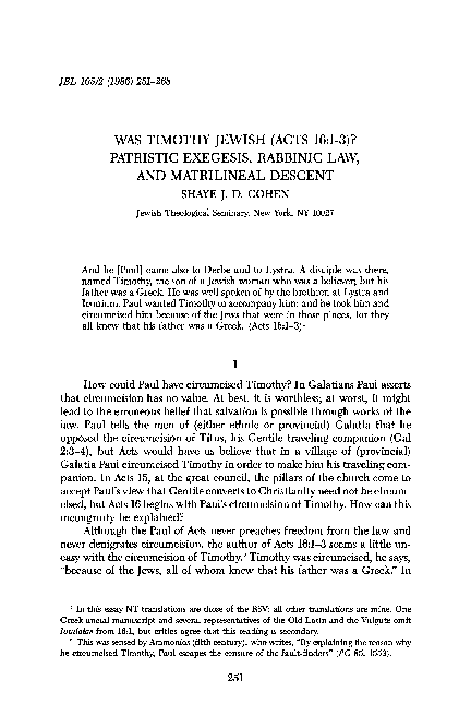 (PDF) Shaye J.D. Cohen, “Was Timothy Jewish (Acts 16:1-3)? Patristic ...