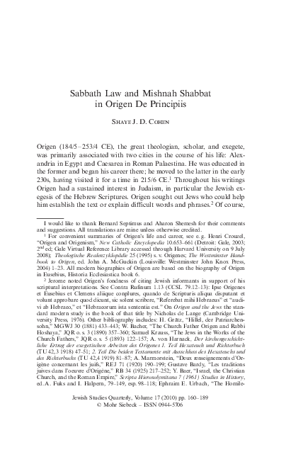(PDF) Shaye J.D. Cohen, “Sabbath Law and Mishnah Shabbat in Origen De ...