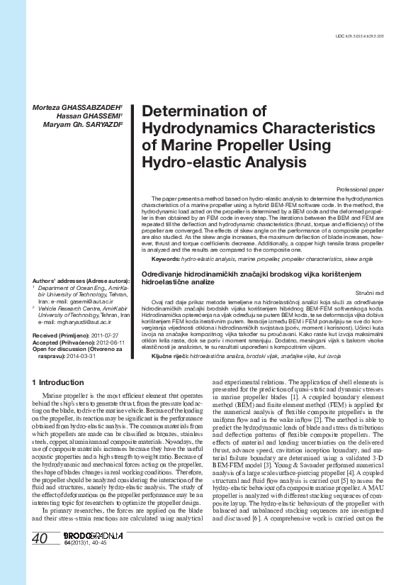 (PDF) Determination of Hydrodynamics Characteristics of Marine Propeller Using Hydro-elastic ...
